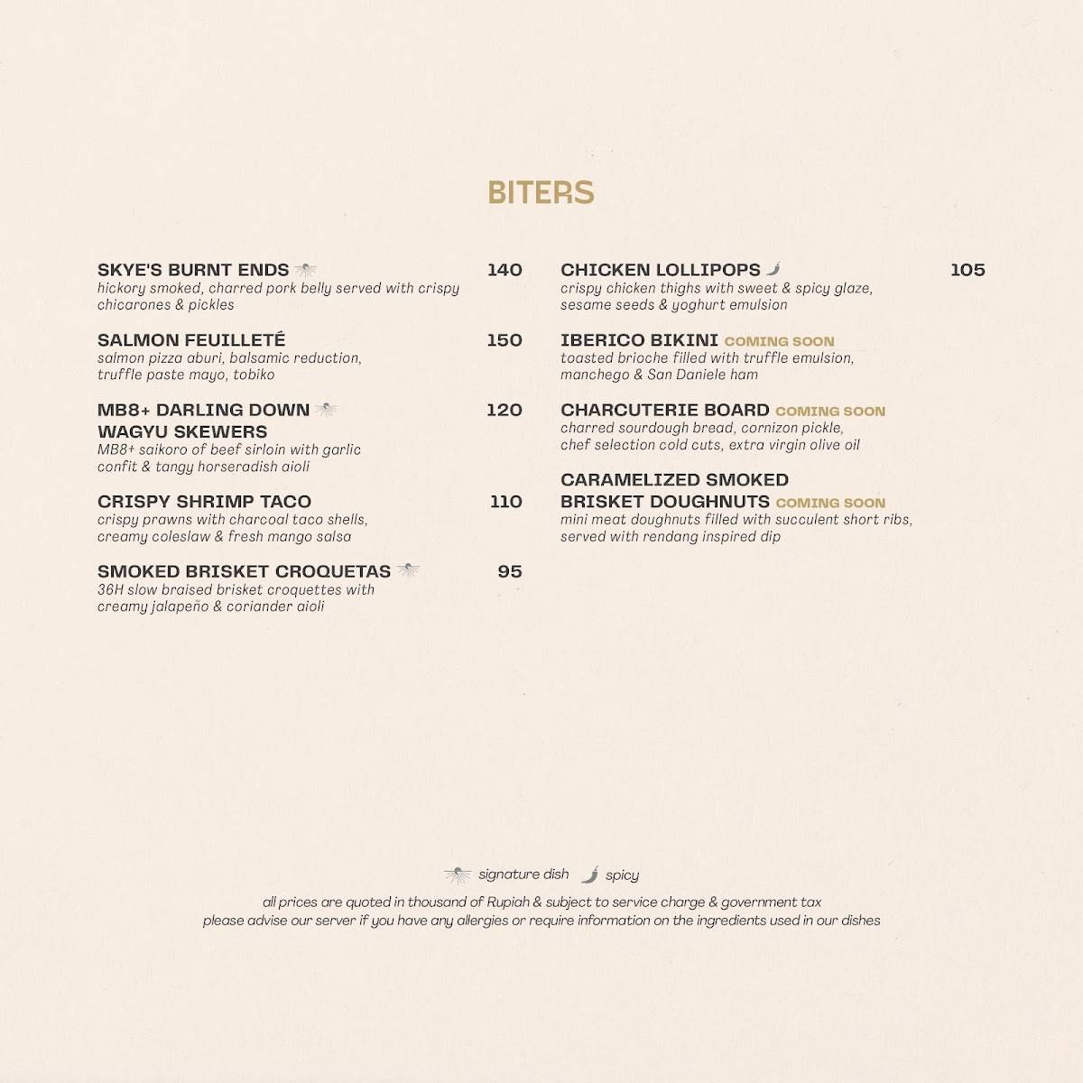 Menu at Skye restaurant, Jakarta