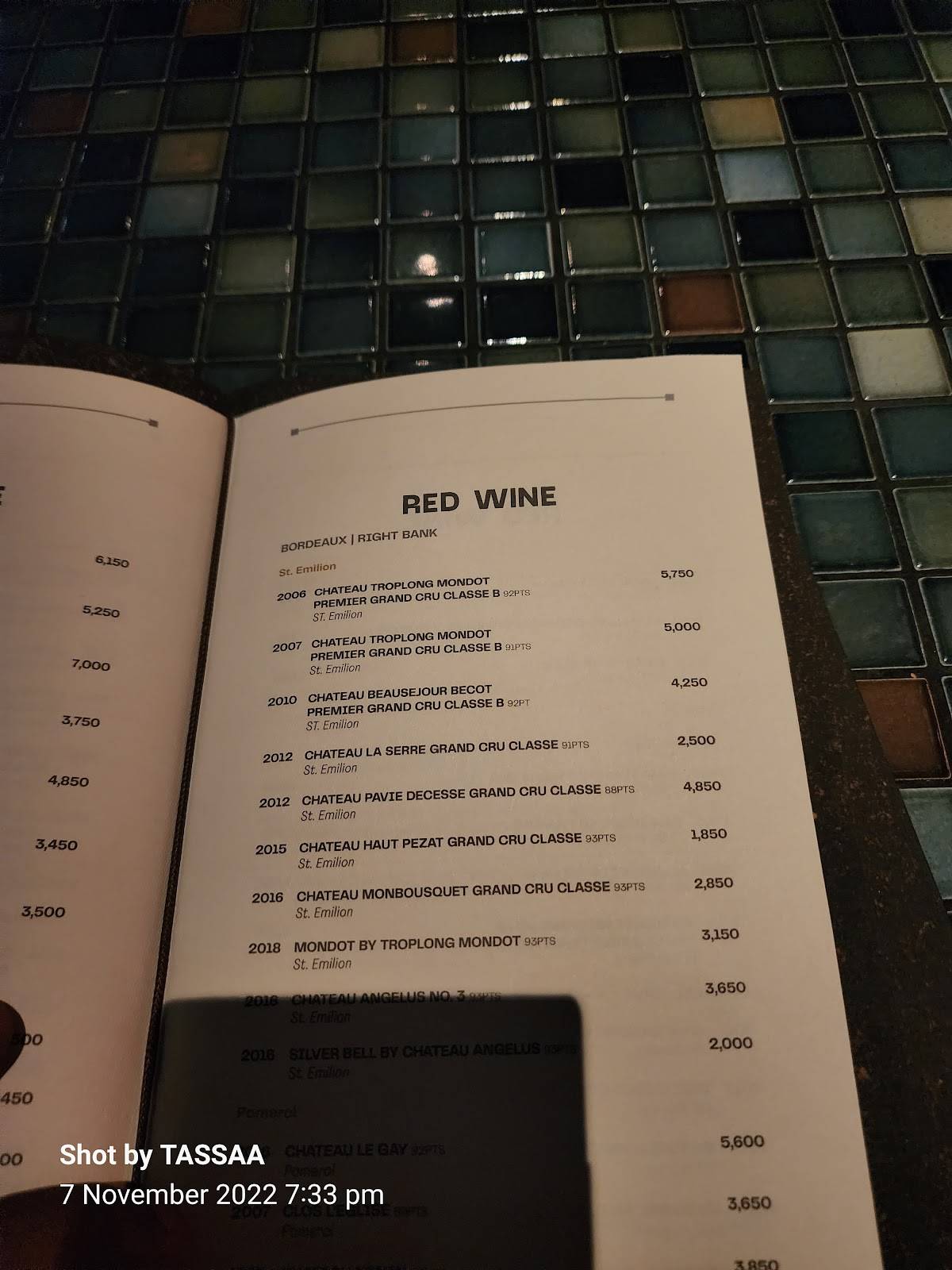 Menu at Skye restaurant, Jakarta