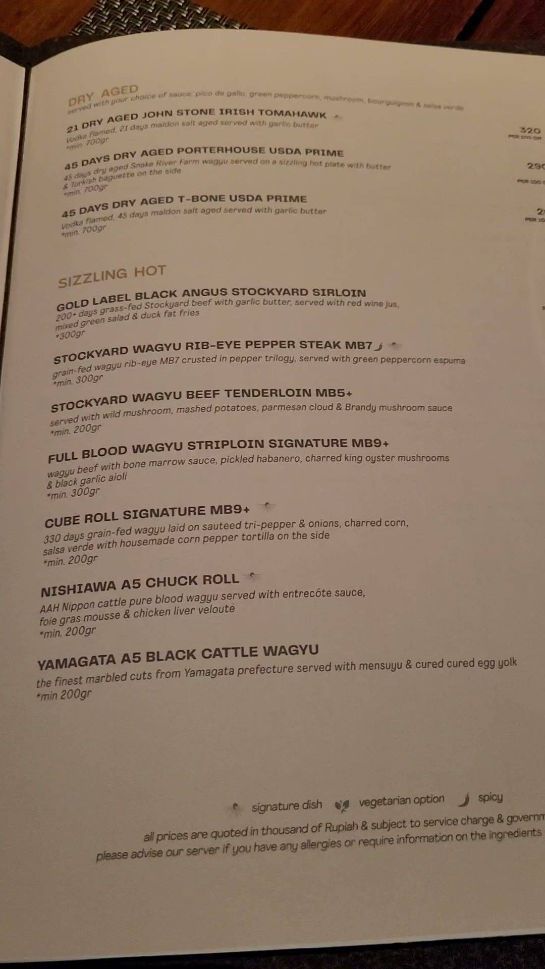 Menu at Skye restaurant, Jakarta