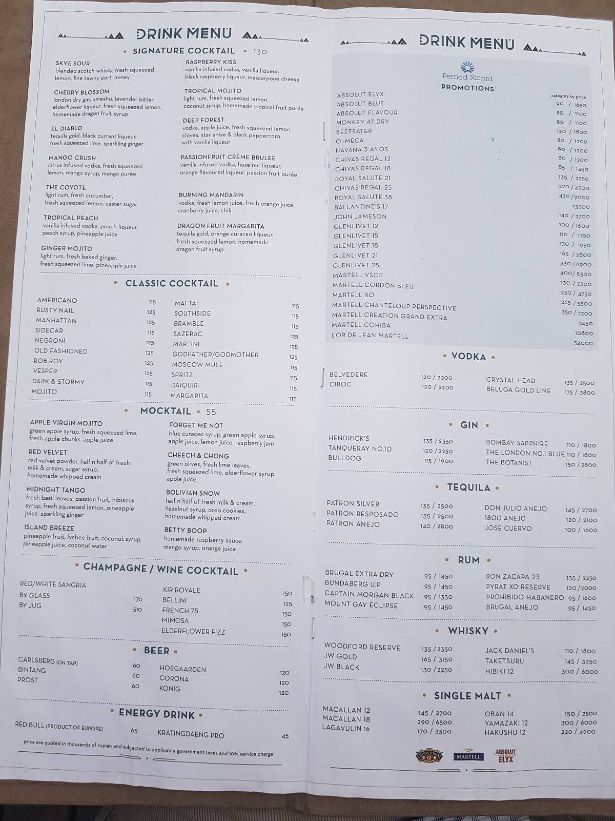Menu at Skye restaurant, Jakarta