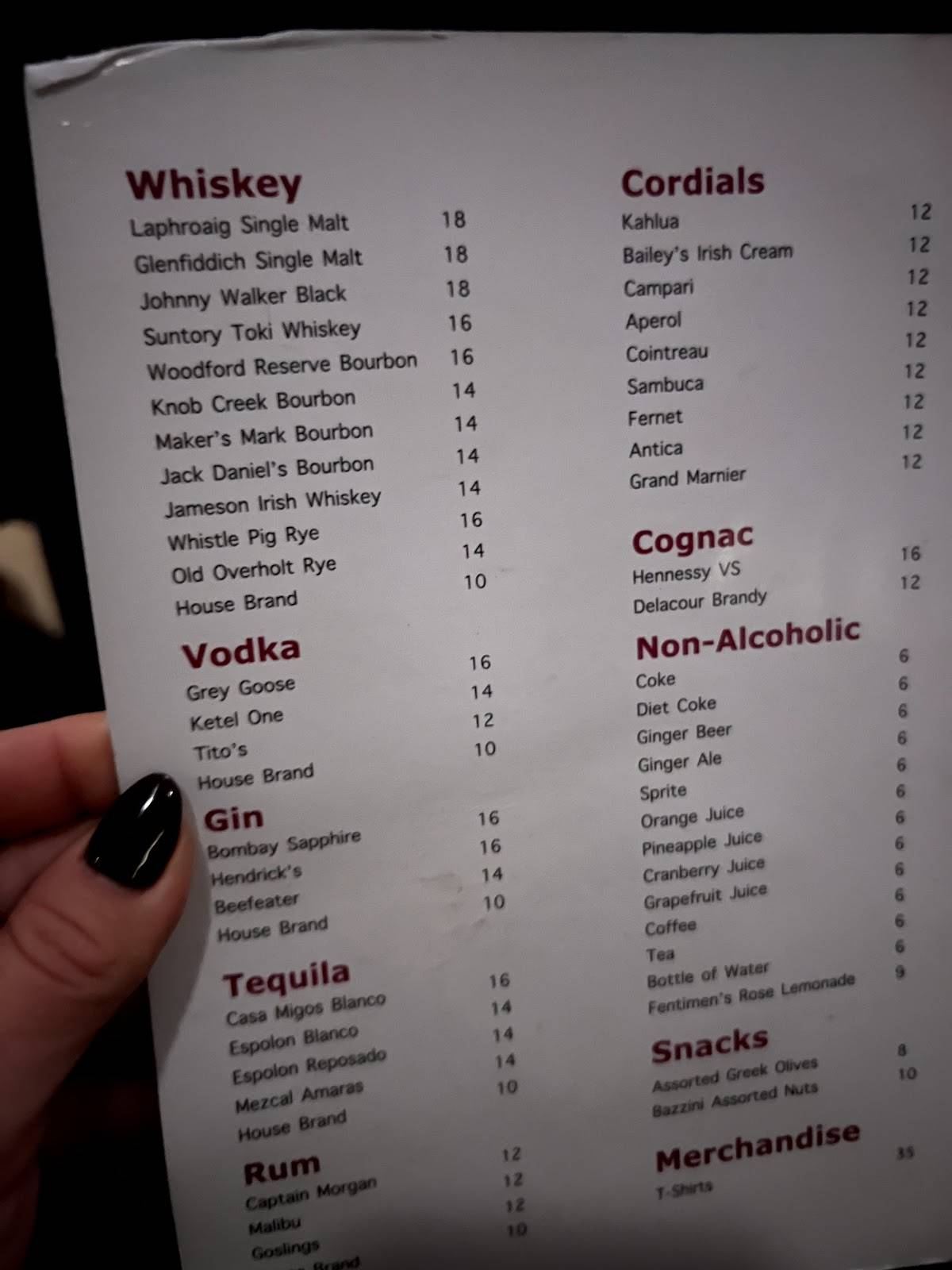 Menu at Smalls Jazz Club, New York City