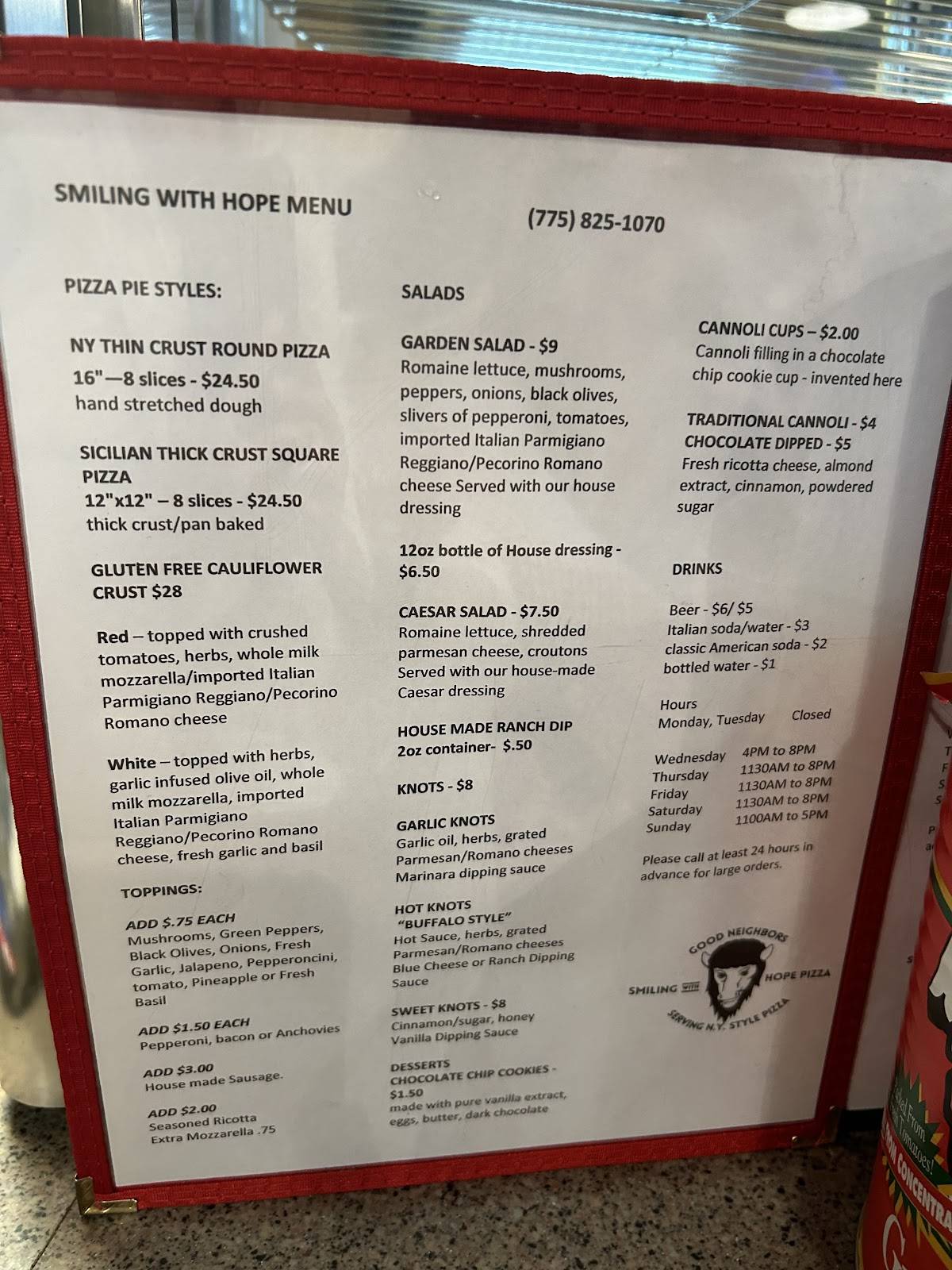 Menu at Smiling with Hope Pizza pizzeria, Reno