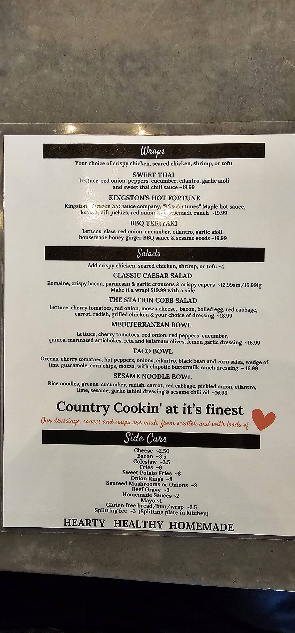Menu at The Station restaurant, Smiths Falls