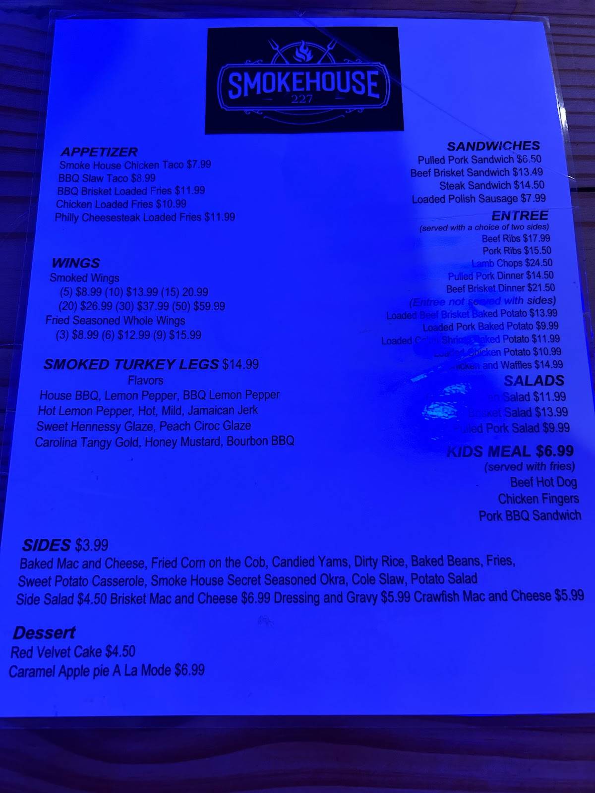 Menu at Smokehouse 227 restaurant, Gadsden