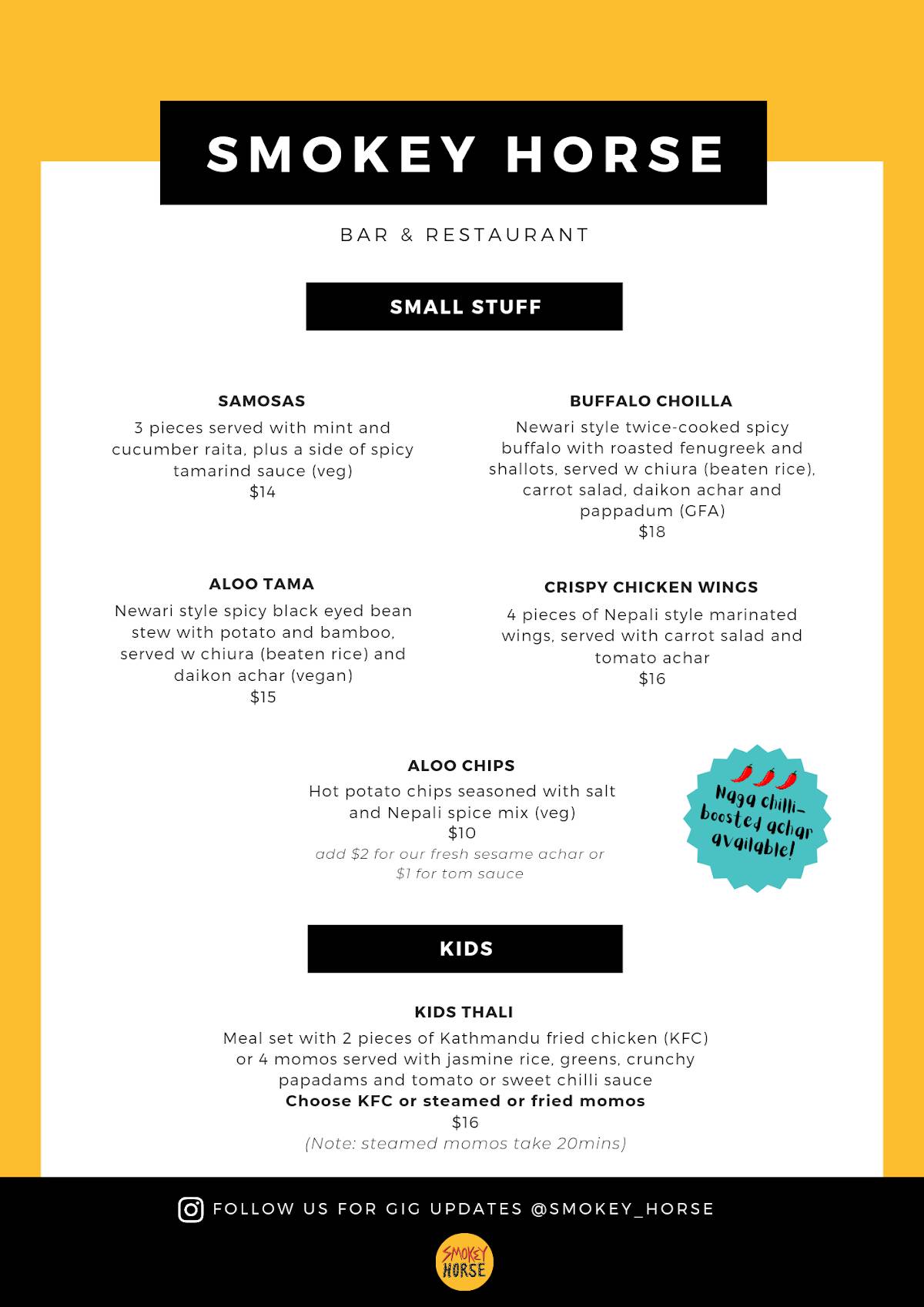 Menu at Smokey Horse restaurant, Braidwood