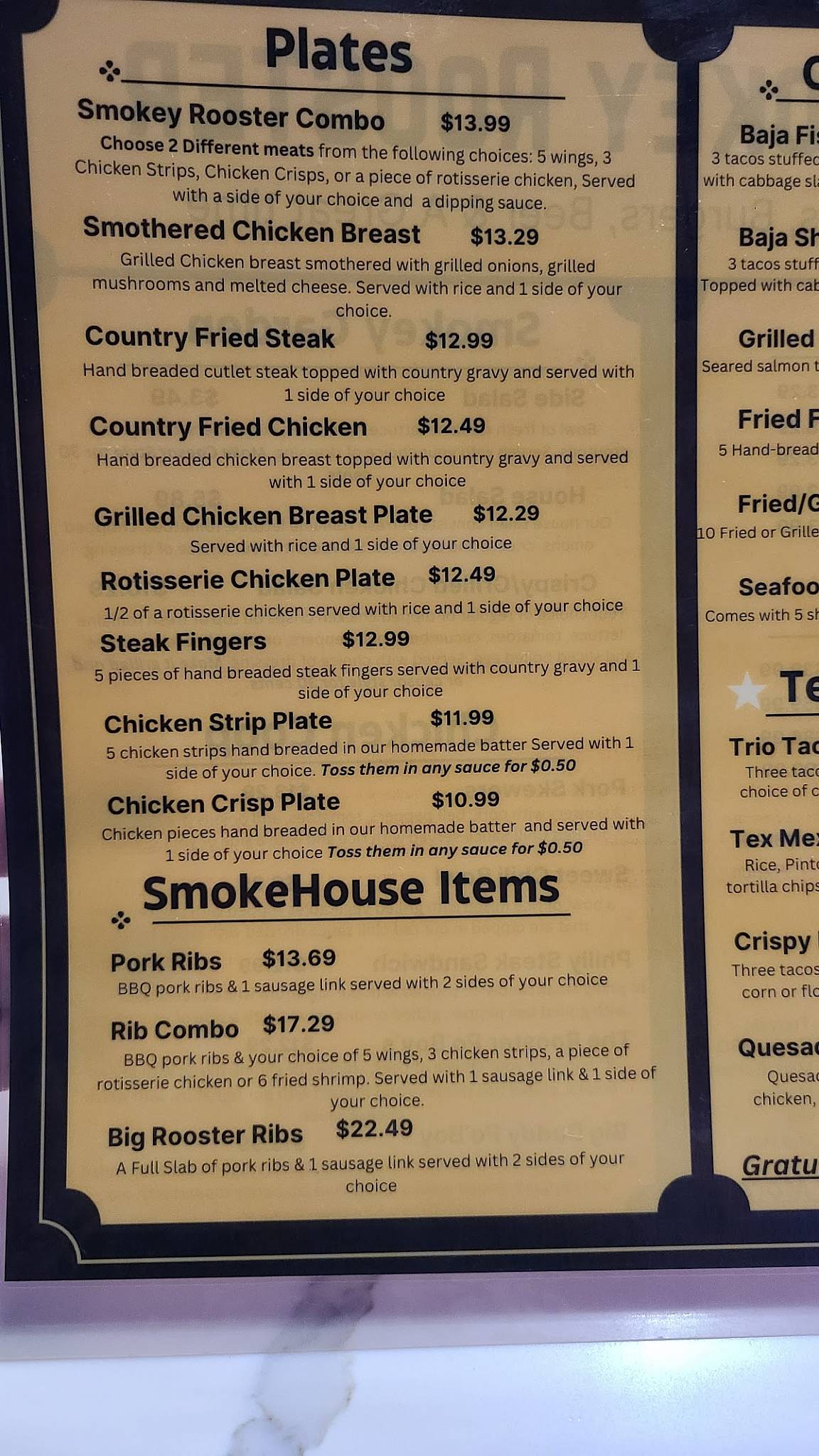 Menu at Smokey Rooster bar and grill, Corpus Christi