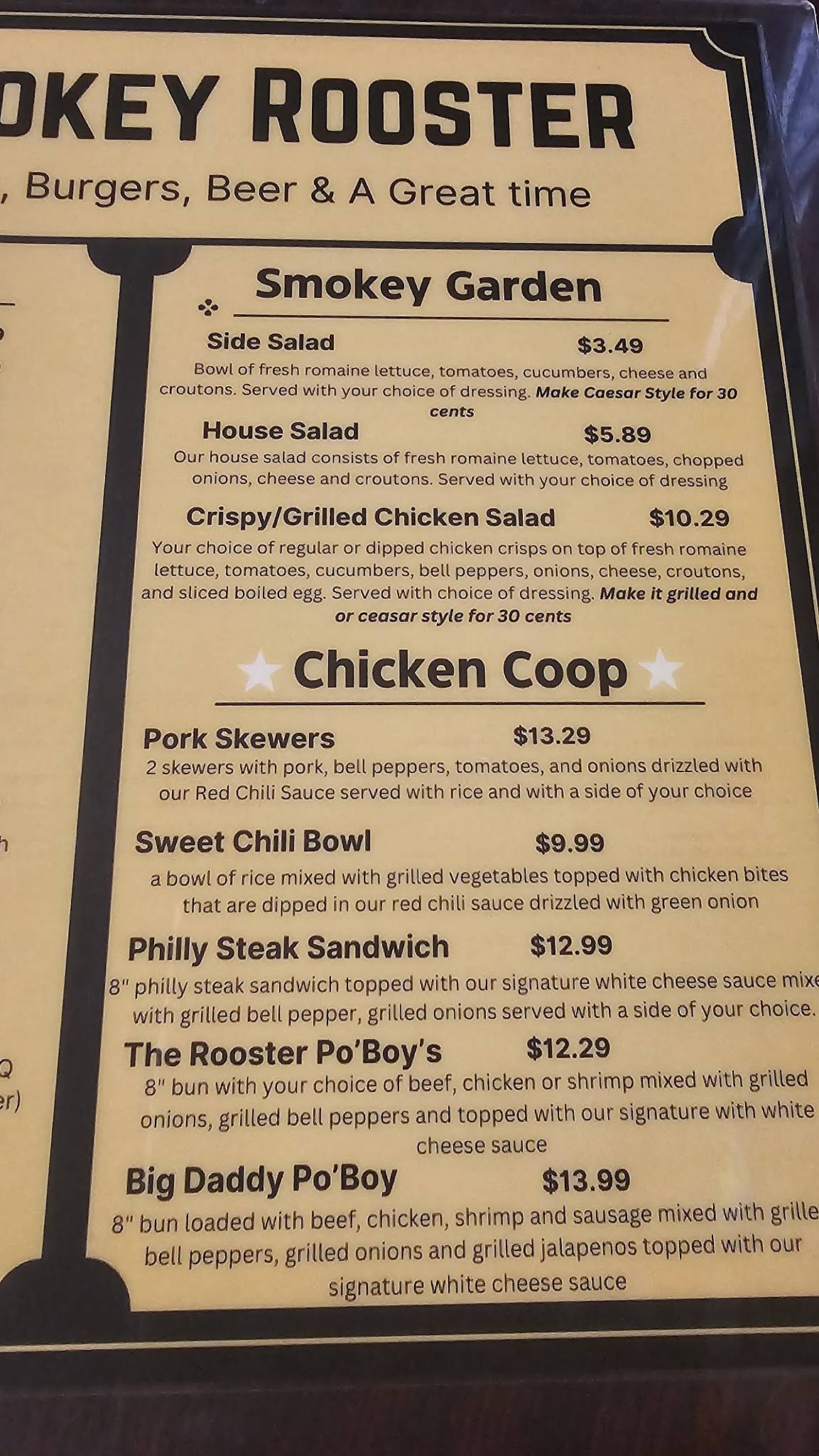 Menu at Smokey Rooster bar and grill, Corpus Christi