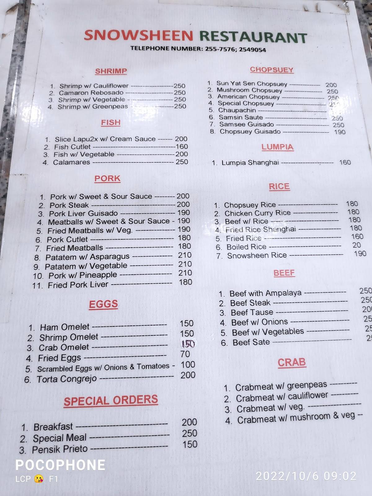 Menu at Snowsheen Restaurant, Cebu City