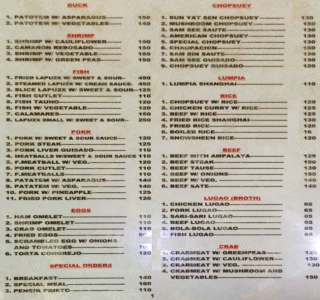 Menu at Snowsheen Restaurant, Cebu City