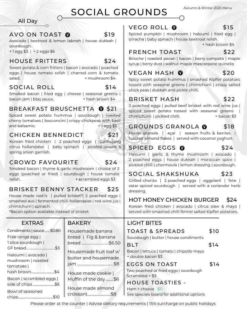 Menu at Social Grounds Cafe, Port Macquarie, 1/151 Gordon St