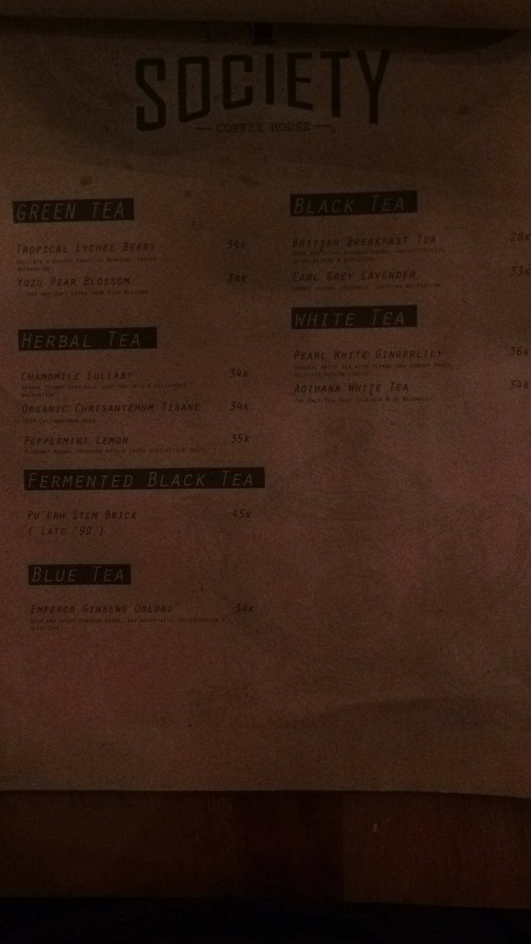 Menu at Society Coffee House, Purwokerto
