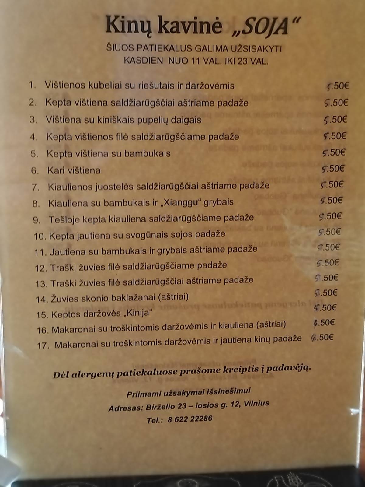 Menu at Soja restaurant, Vilnius, Birželio 23-iosios g. 10