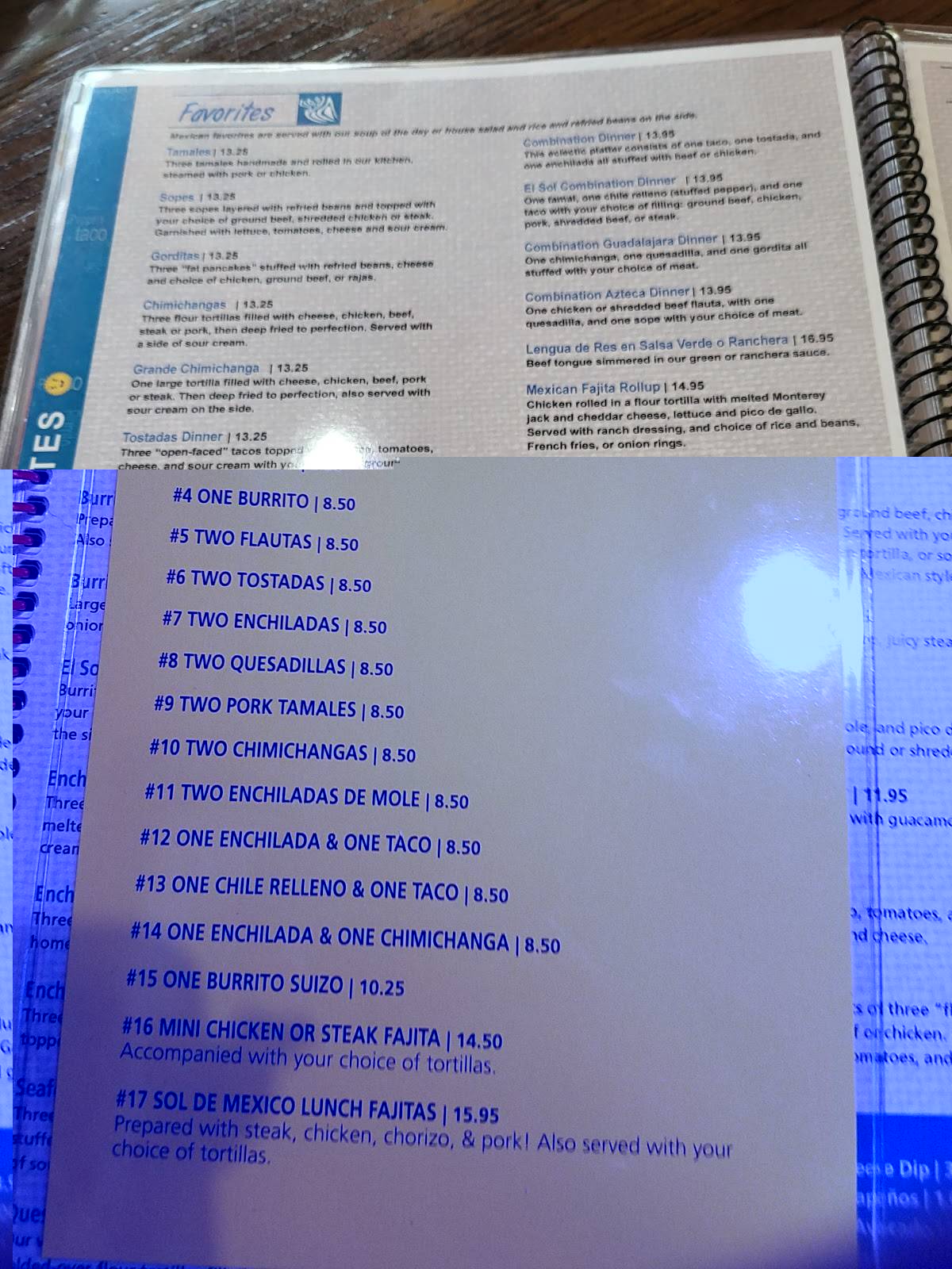 Menu at Sol De Mexico restaurant, Mukwonago