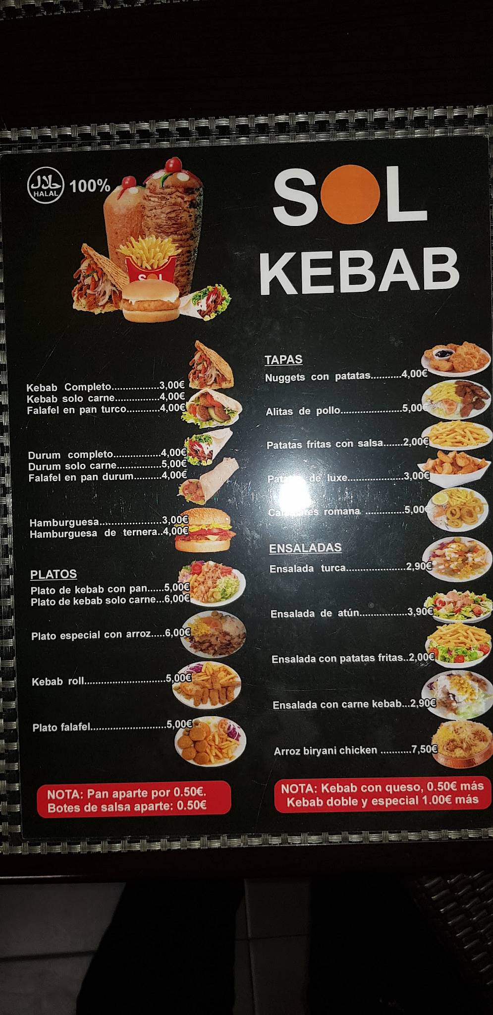 Carta del restaurante Sol Doner Kebab, Reus