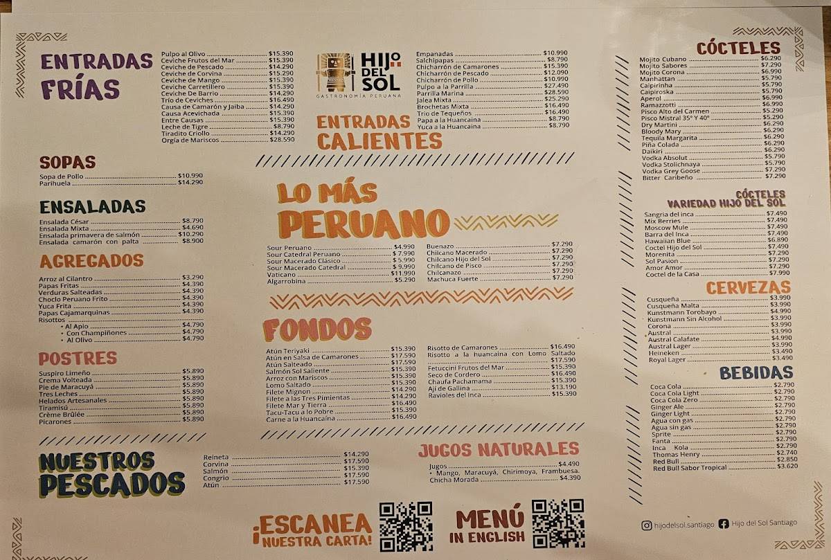 Menu at Sol del inca restaurant, Santiago, Francisco Bilbao 2761