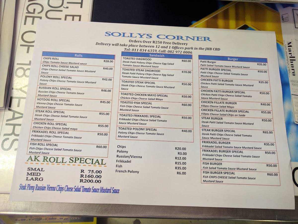 Menu at Sollys Corner restaurant, Johannesburg