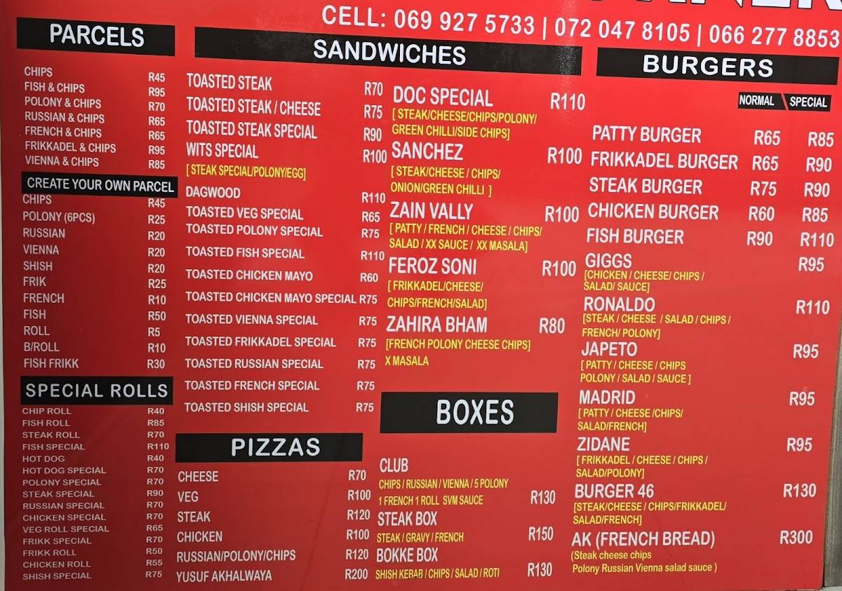 Menu at Sollys Corner restaurant, Johannesburg