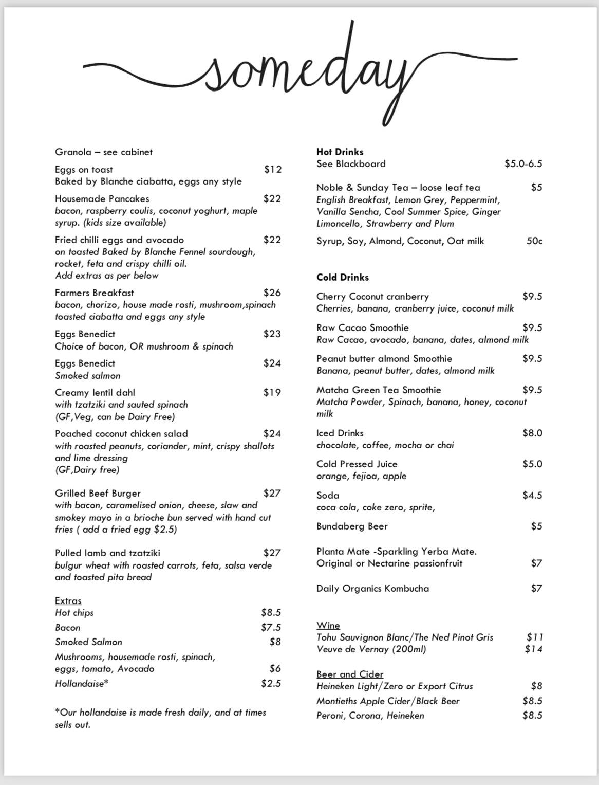 Menu at Someday Cafe, Hawera