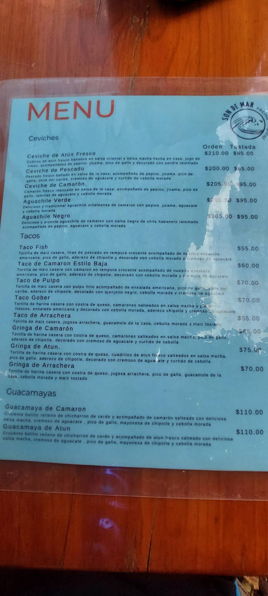 Menu at Son De Mar cocina tropical restaurant, Santiago de Querétaro