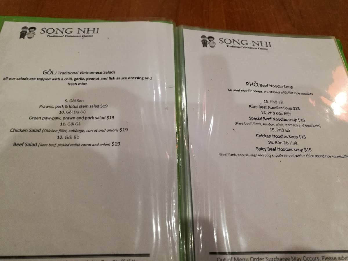 Menu at Song Nhi Vietnamese Restaurant, St Leonards