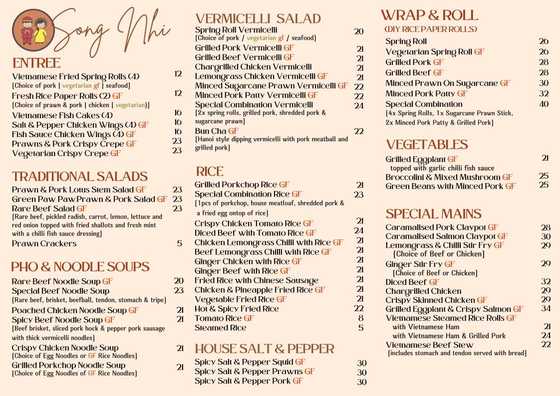 Menu at Song Nhi Vietnamese Restaurant, St Leonards