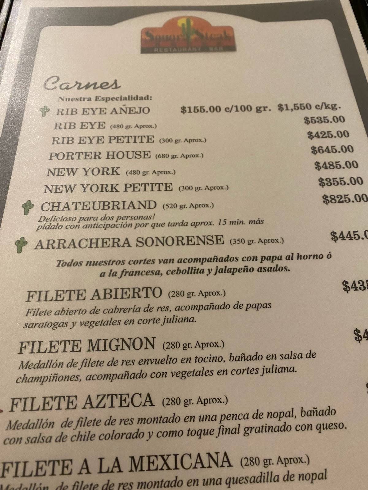 Carta de parrilla Sonora Steak HOUSE, Hermosillo, Blvd: Kino #914 Col ...