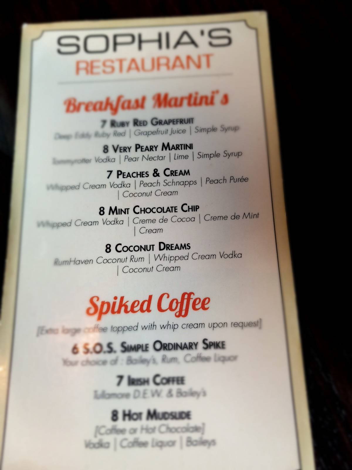 Menu at Sophia's Restaurant, Buffalo