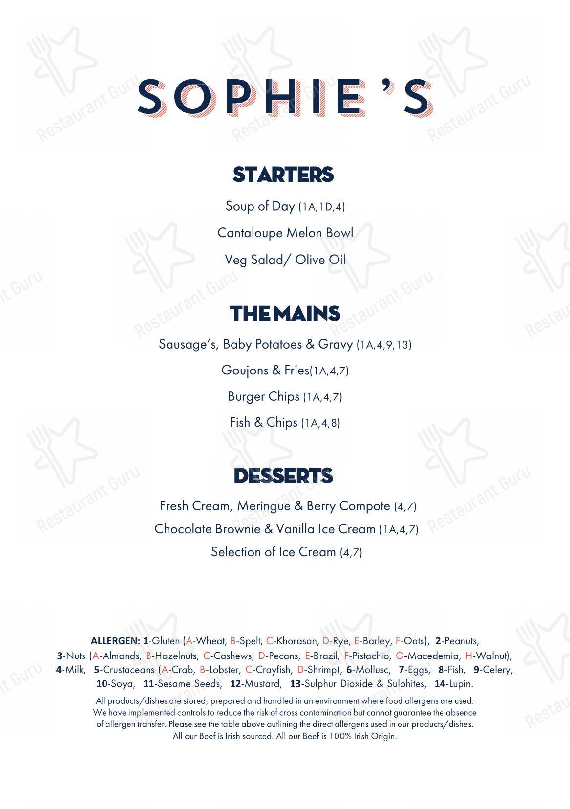 Menu at Sophie’s Rooftop Restaurant, Terrace & Bar, Dublin