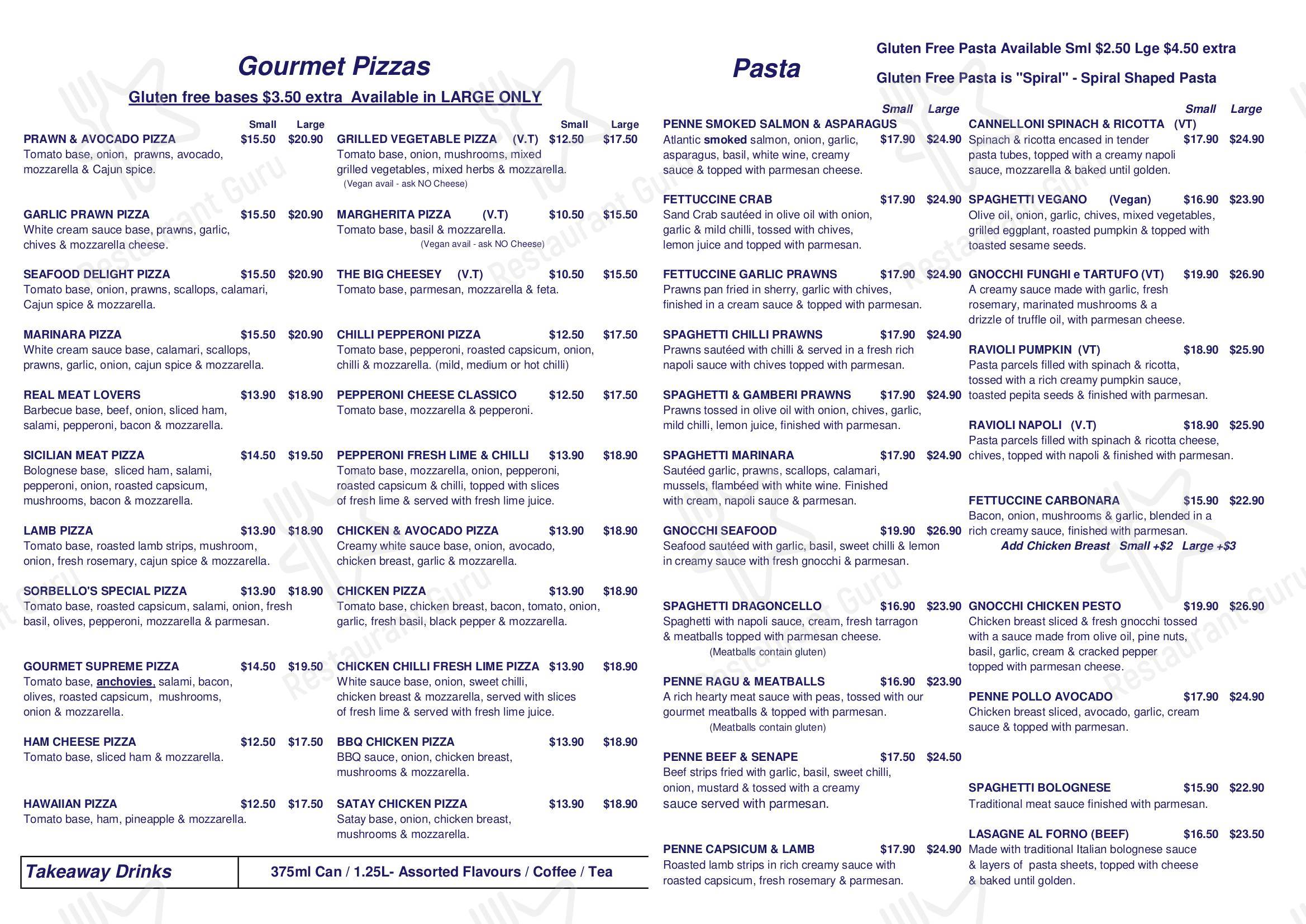 Menu at Sorbellos Italian Restaurant, Mackay, 166 Victoria Street