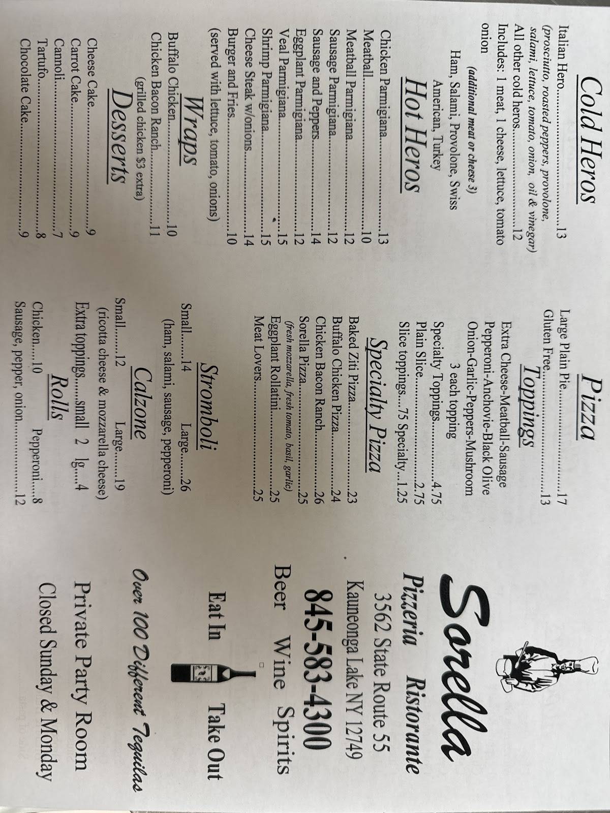 Menu at Sorella pizzeria, Kauneonga Lake
