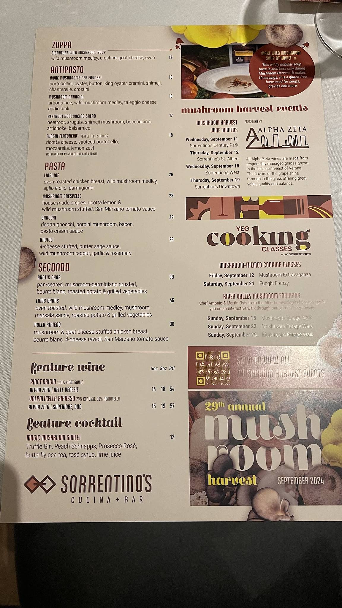 Menu at Sorrentino's Downtown restaurant, Edmonton, 100 St NW