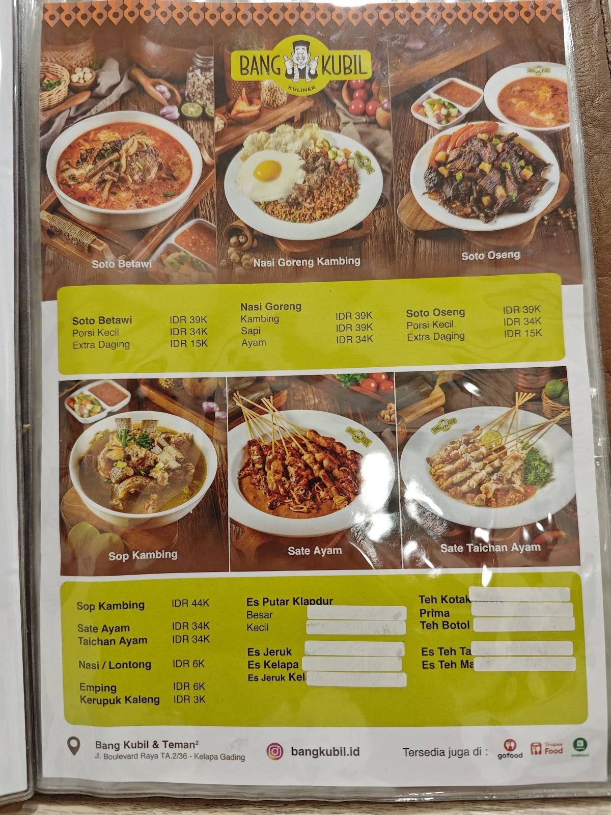 Menu at Soto Betawi Bang Kubil Kelapa Gading restaurant, North Jakarta