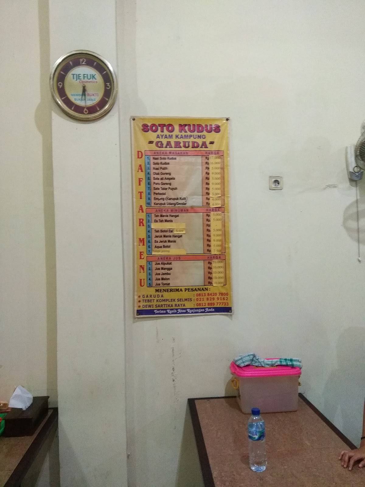 Menu at Soto Kudus Garuda restaurant, East Jakarta, Jl. Dewi Sartika No.3