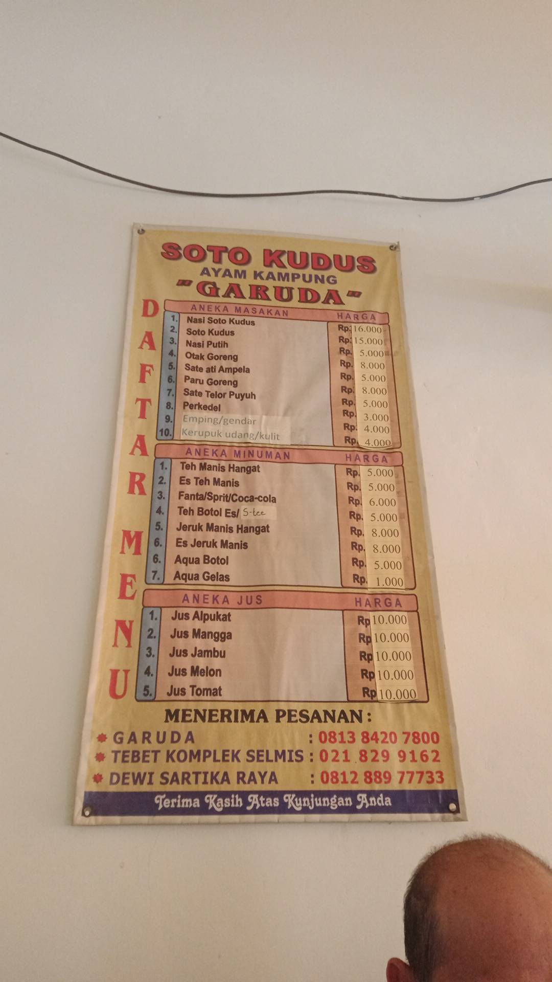 Menu at Soto Kudus Garuda restaurant, East Jakarta, Jl. Dewi Sartika No.3