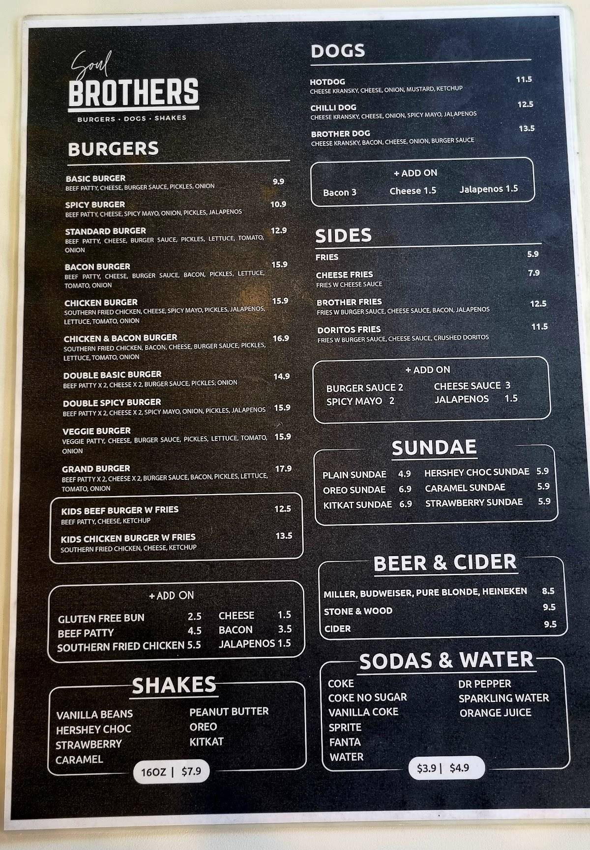 Menu at Soul Brothers Burger Bar, Nundah