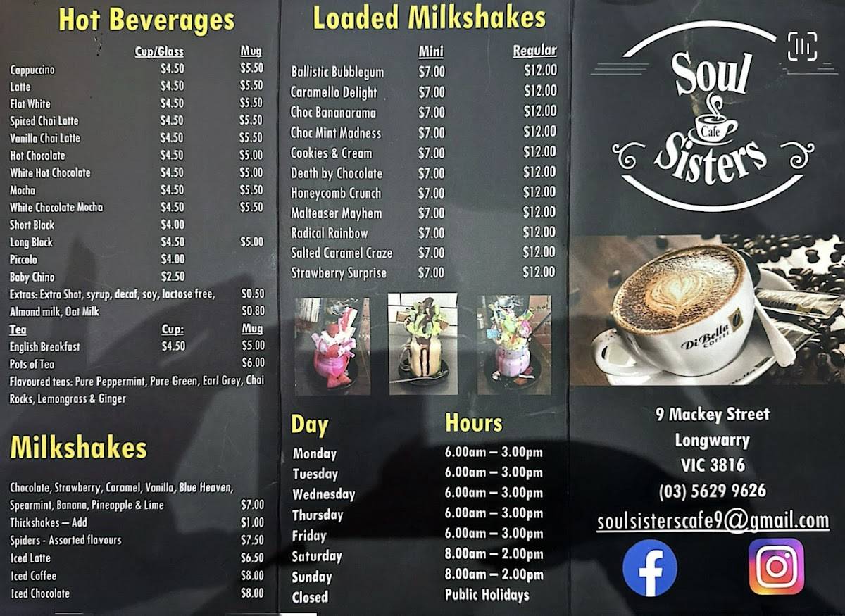 Menu at Soul Sisters Cafe, Longwarry