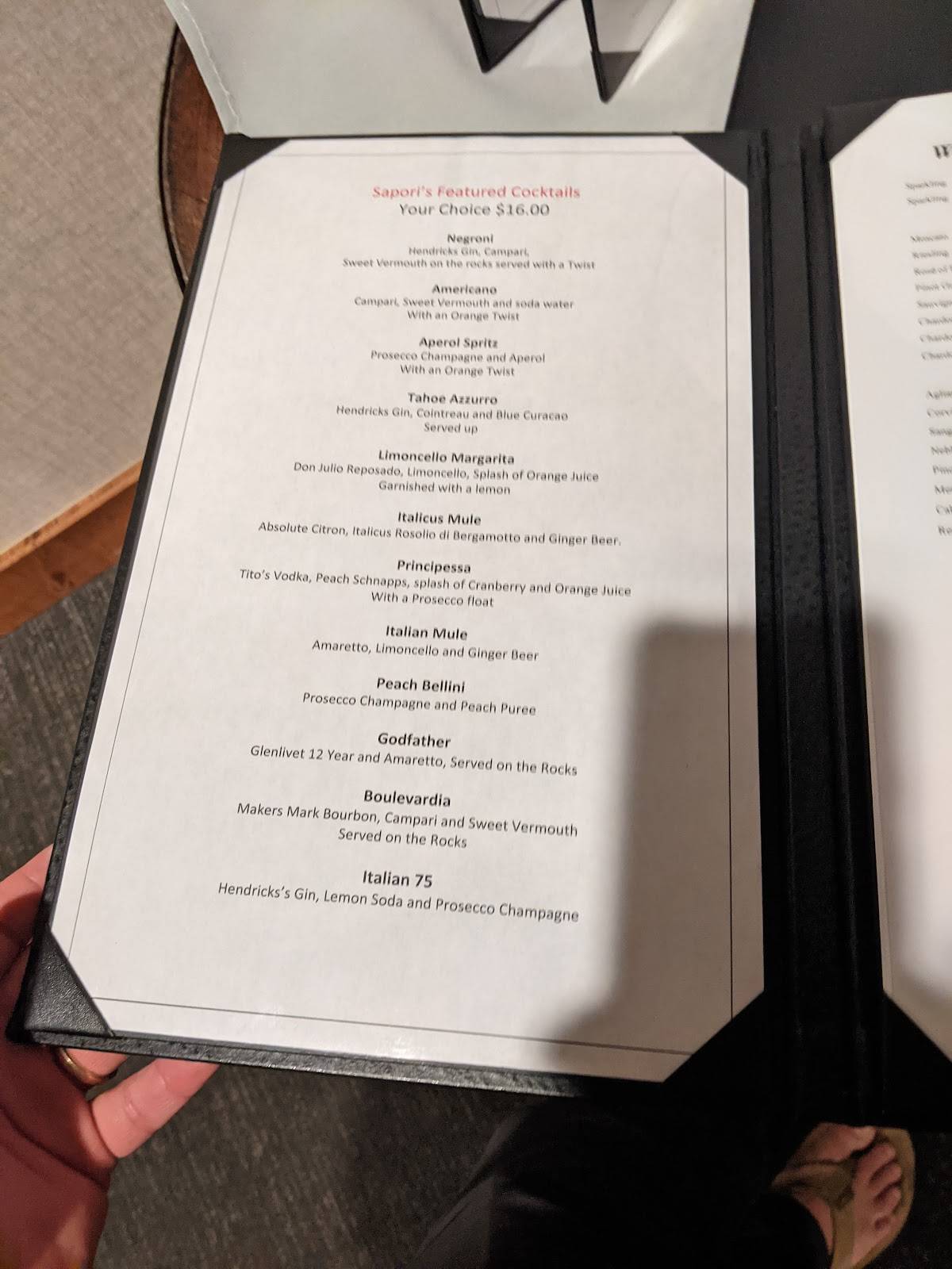 Menu at Sapori Italian Kitchen at Harrah's Lake Tahoe restaurant, Stateline