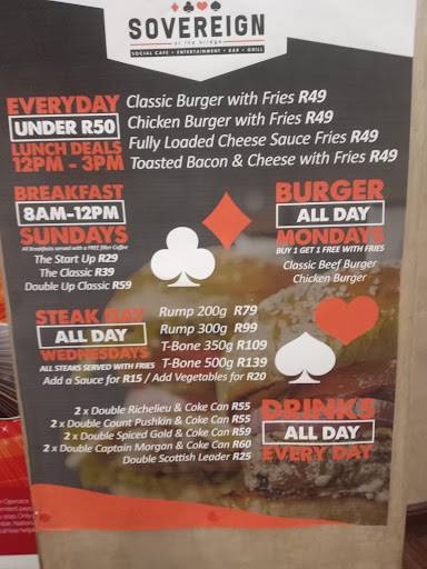 Menu at Sovereign restaurant, Port Elizabeth