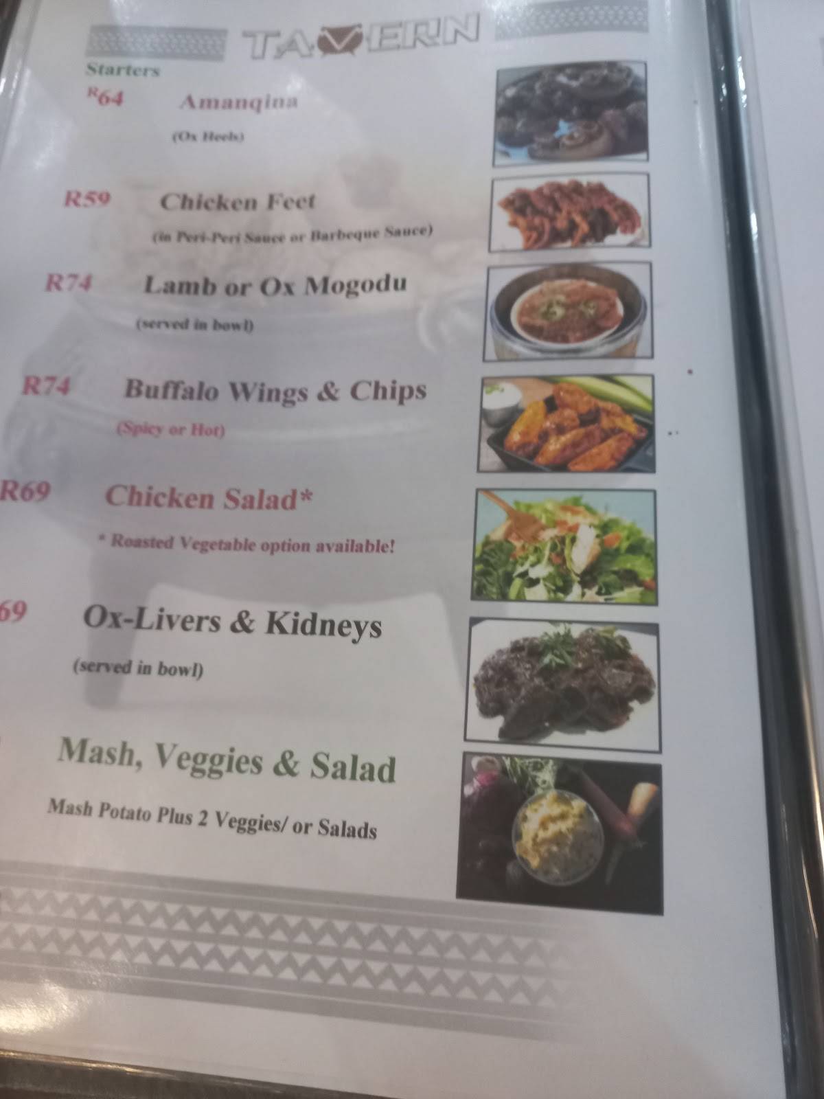 Menu at Tavern Restaurant, Soweto, Chris Hani Rd