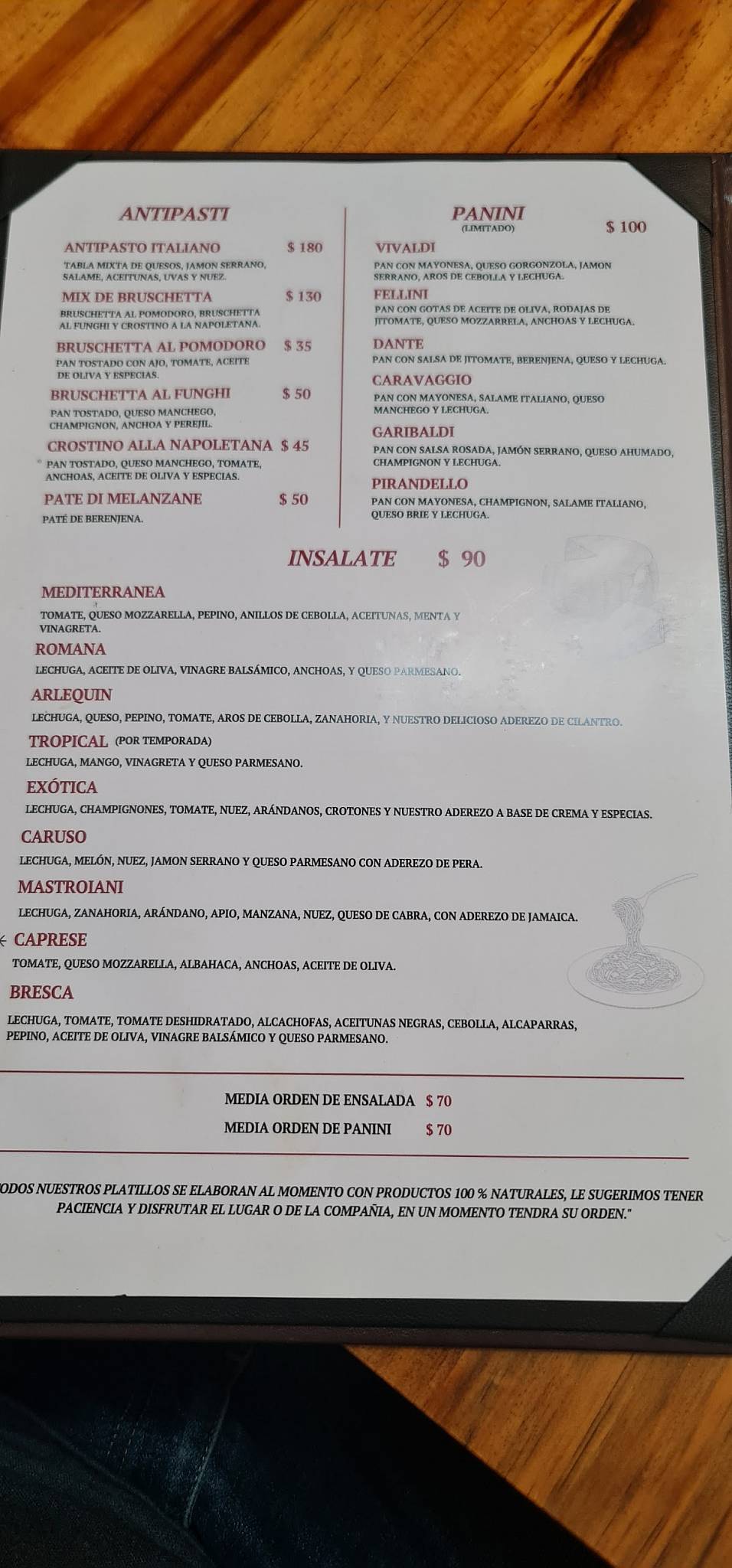 Carta del restaurante Spaghetteria La Piccola Italia, Morelia