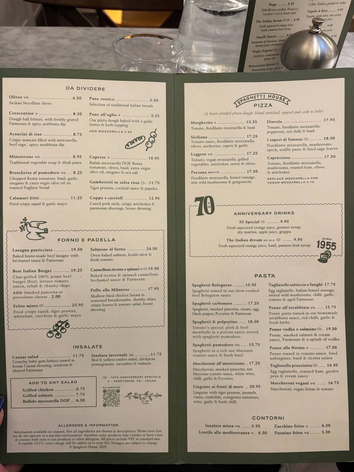 Carta del restaurante Spaghetti House, Londres, 12 Woodstock St