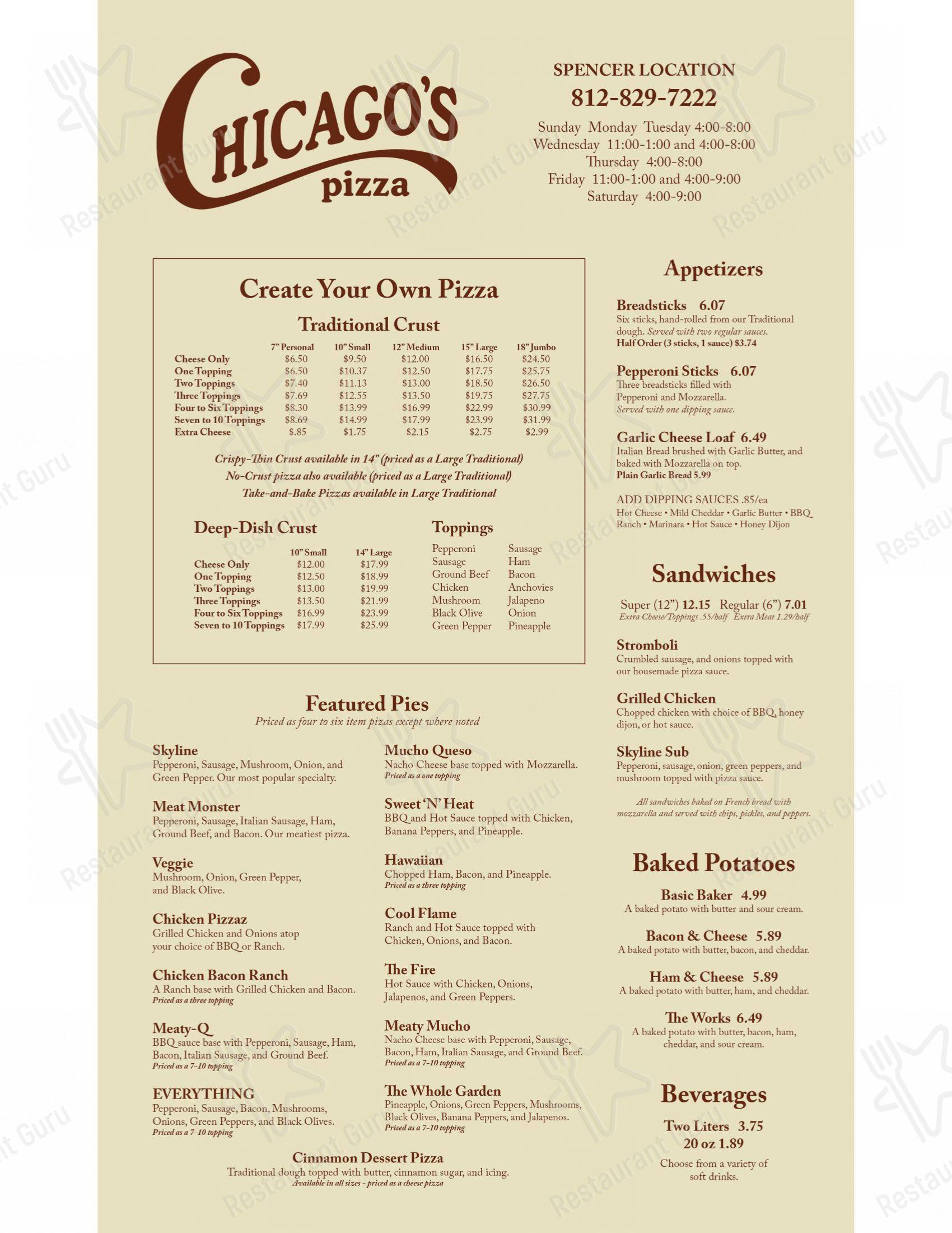 Menu at Chicago's Pizza pizzeria, Spencer
