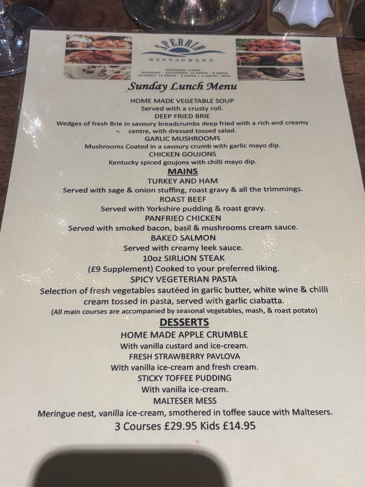 Menu at Sperrin Restaurant, Omagh