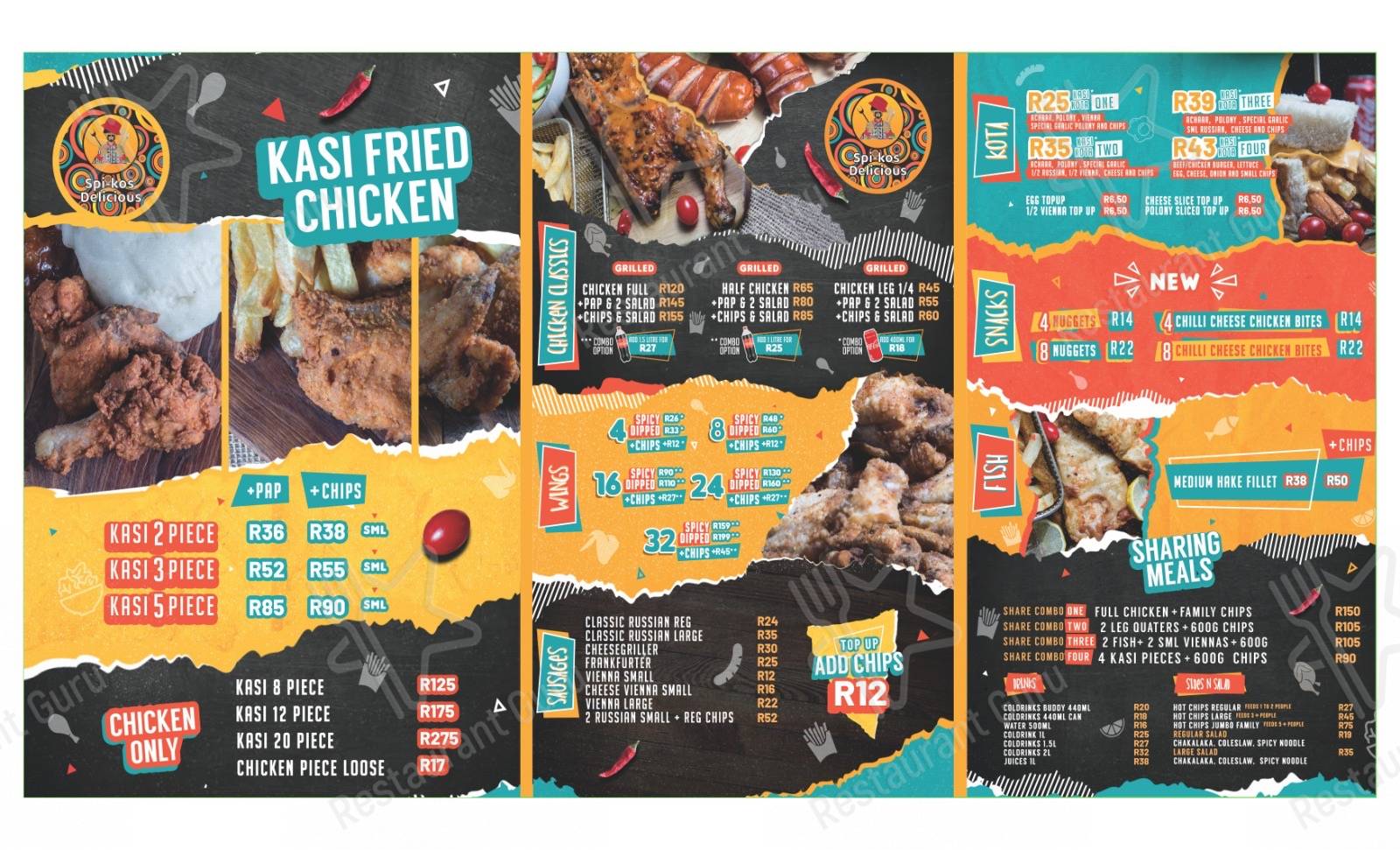 Menu at Spi-Kos Delicous Xhosa restaurant, Brakpan