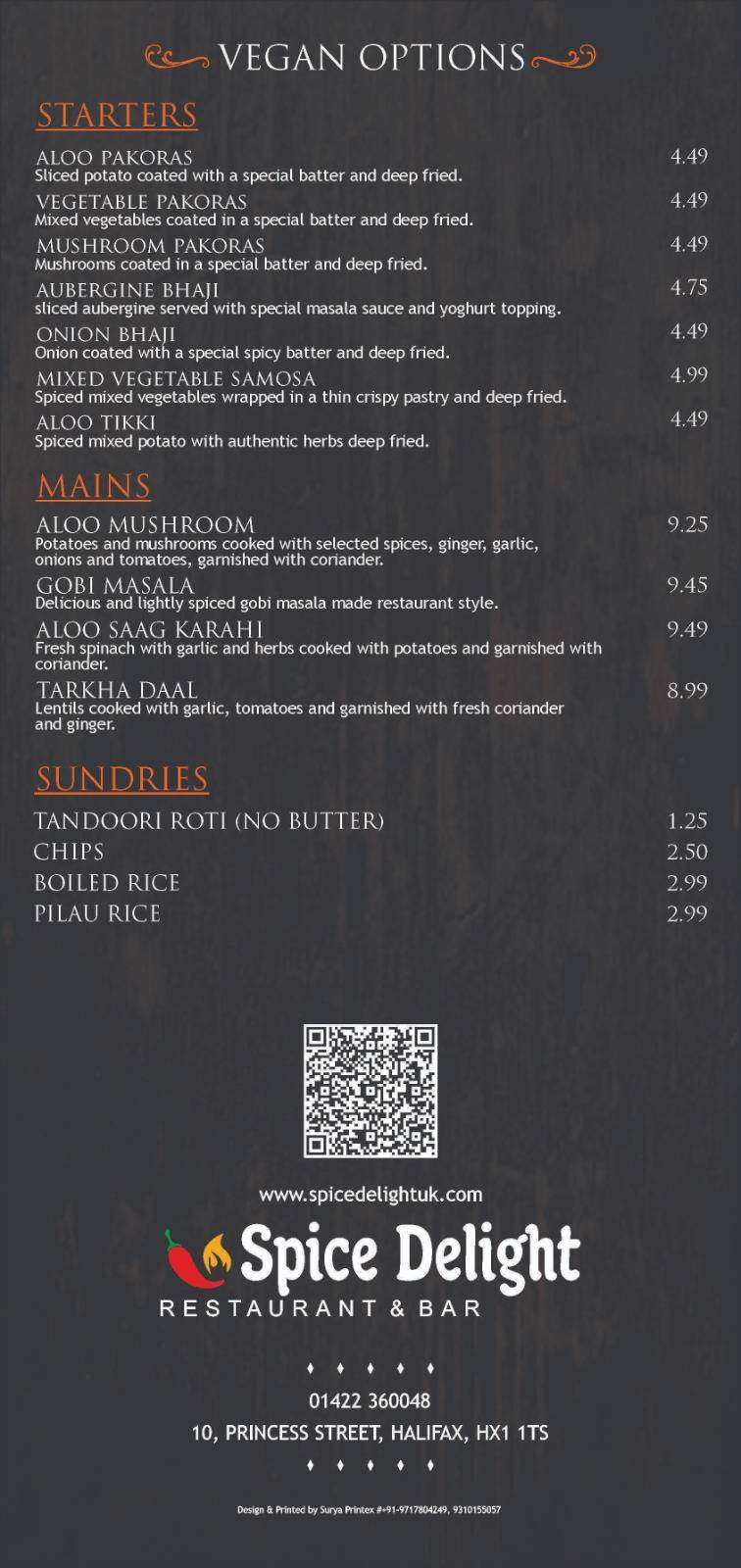 Menu at Spice Delight Restaurant & Bar, Halifax