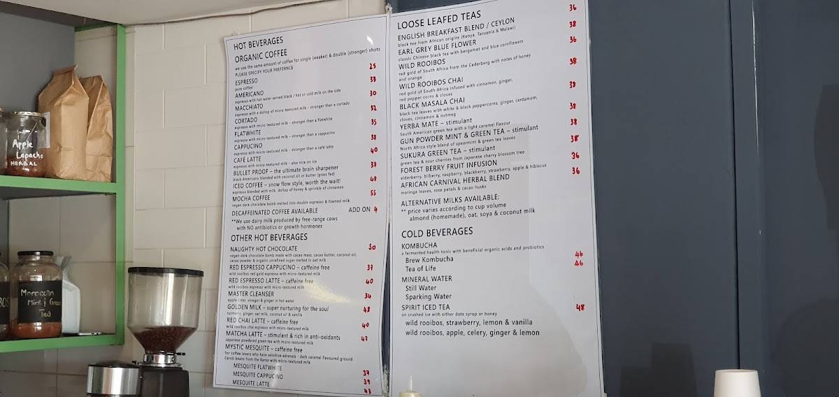 Menu at Spirit Cafe, Cape Town, 10A Courtyard