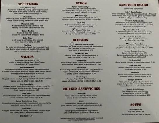 Menu at Spiros restaurant, Columbus, McKinley Ave