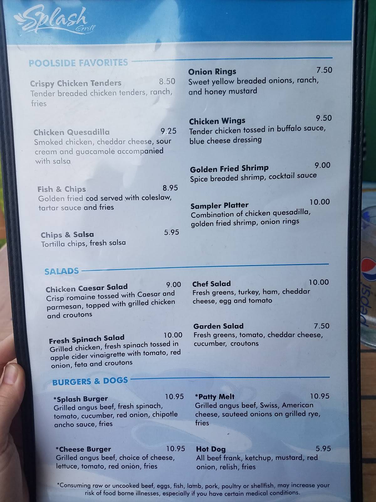 Menu at Splash Grill restaurant, Lake Havasu City