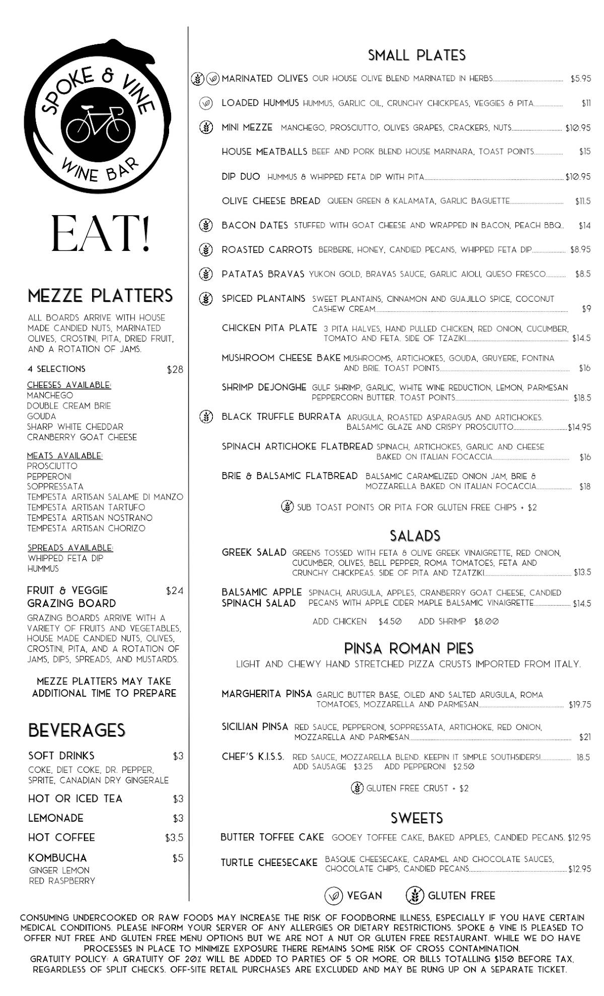 Menu at Spoke and Vine pub & bar, Evergreen Park