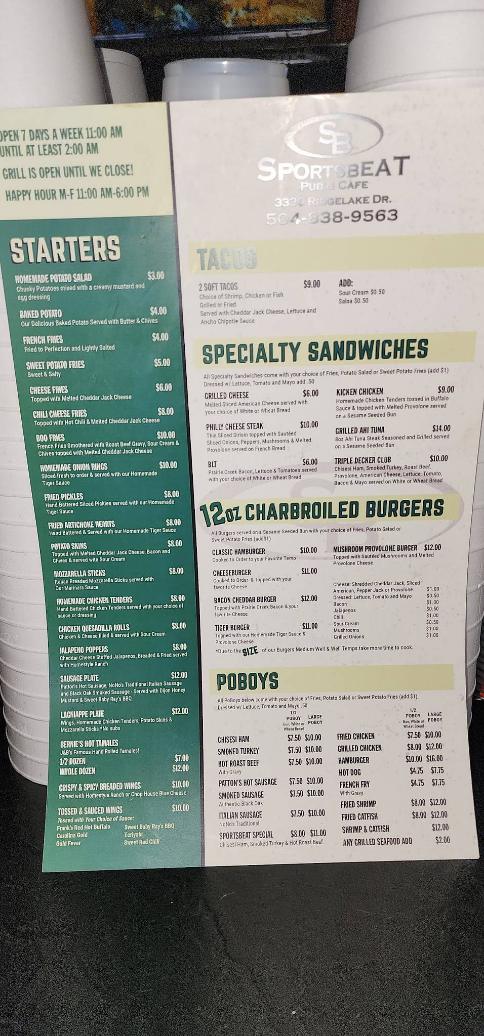 Menu at Sports Beat Pub & Cafe, Metairie